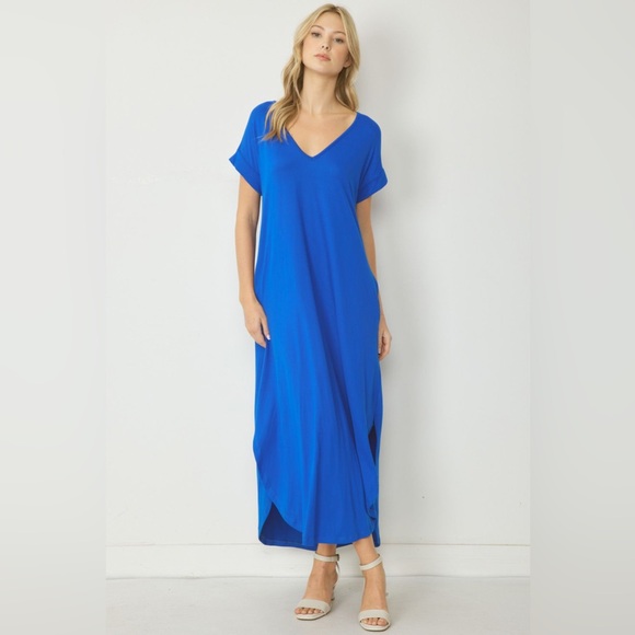 entro | Dresses | Entro Solid Jersey Knit Vneck Round Hem Maxi Dress ...